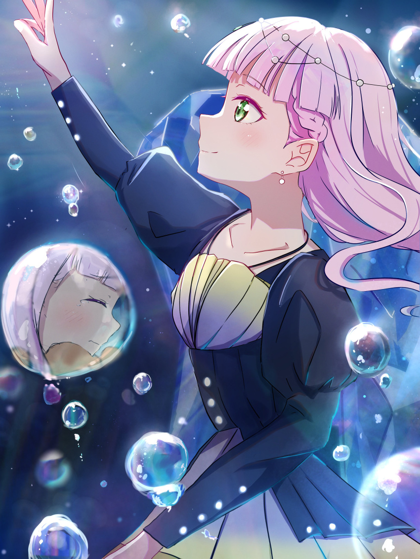 Safebooru - 1girl absurdres air bubble arm up black dress blunt bangs ...