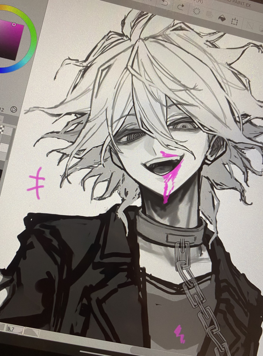 Safebooru - 1boy absurdres blood chain collar collarbone crazy eyes ...