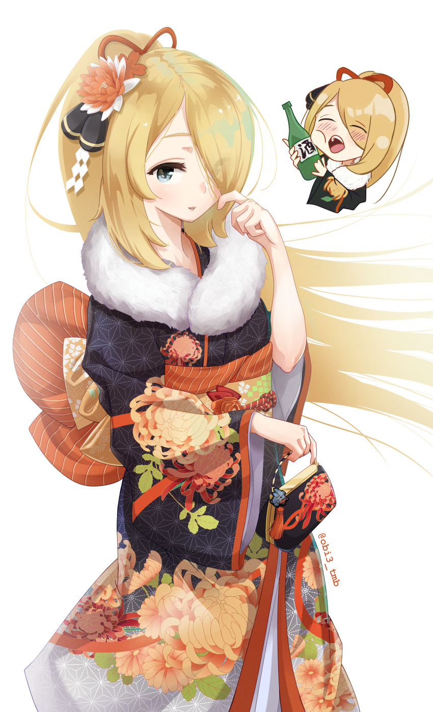 Safebooru - 1girl absurdres alternate costume alternate hairstyle black kimono blonde hair blush ...