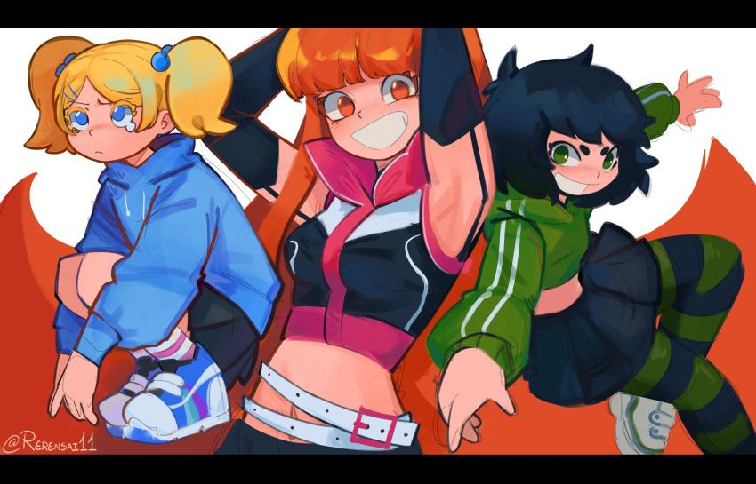 Safebooru - armpits arms up belt black hair blonde hair blossom (ppg) blue eyes blue hoodie ...