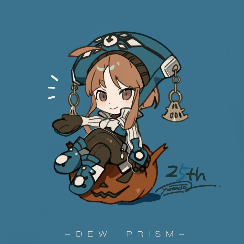 Safebooru - ahoge anniversary aqua footwear aqua hat brown eyes brown ...