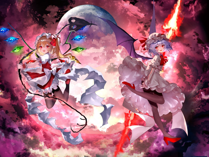 Safebooru - 2girls :d ascot bat (animal) bat wings black pantyhose blonde hair blush clouds ...