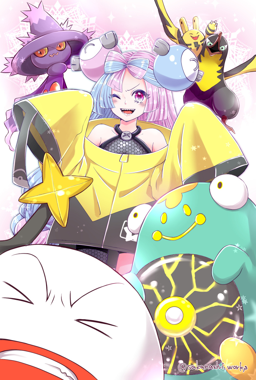 Safebooru - 1girl 4others ;d bellibolt blue hair blush bow-shaped hair character hair ornament ...