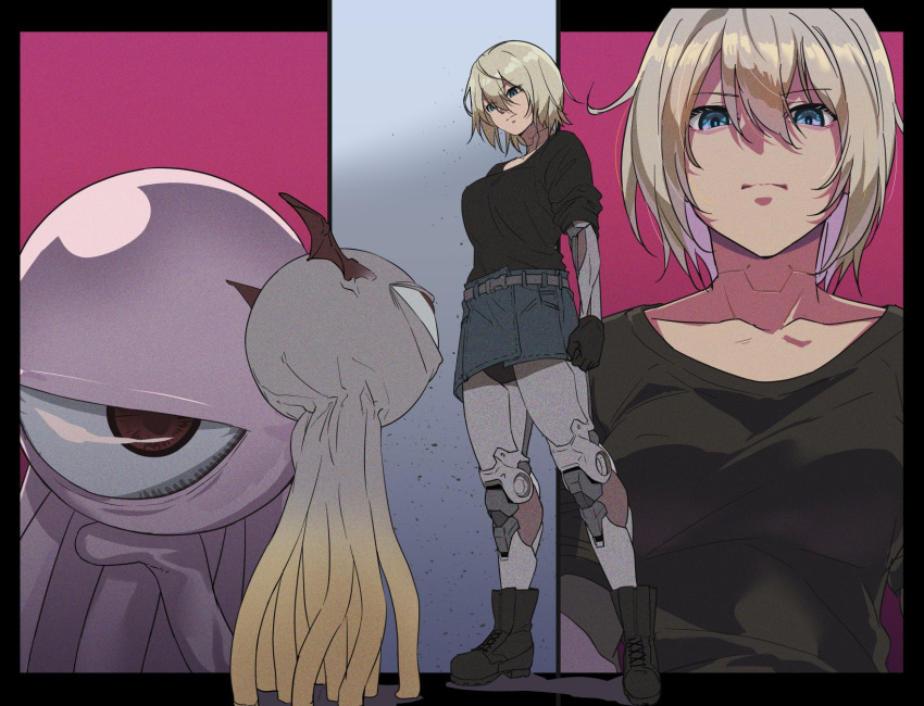 Safebooru - 1girl 1other android belt black gloves black shirt blonde hair blue eyes borrowed ...