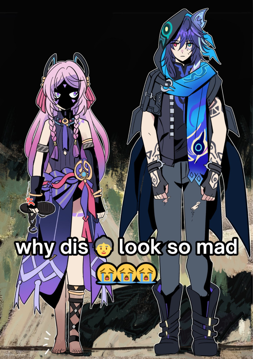 Safebooru - 1boy 1girl animal ear fluff animal ears arm markings armlet arms at sides ...