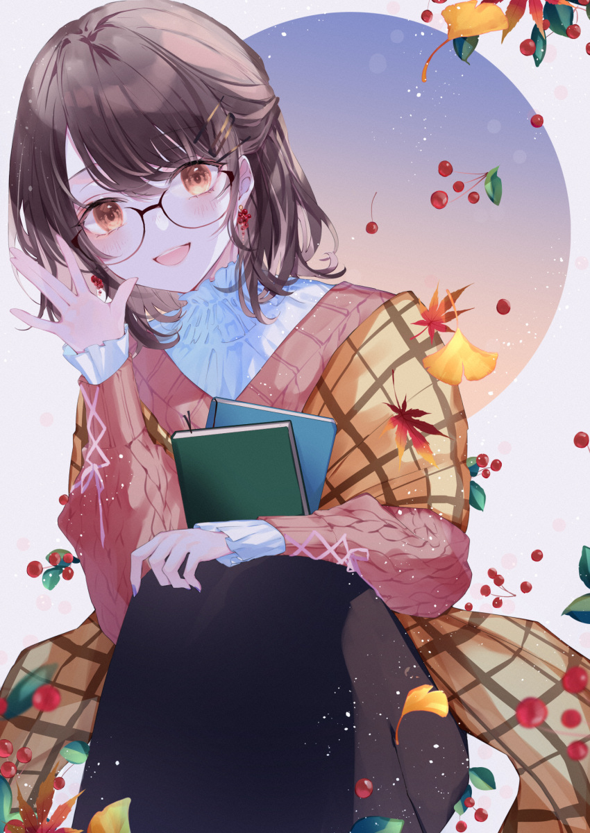 Safebooru 1girl Blush Book Brown Hair Cherry Commentary Request 5327