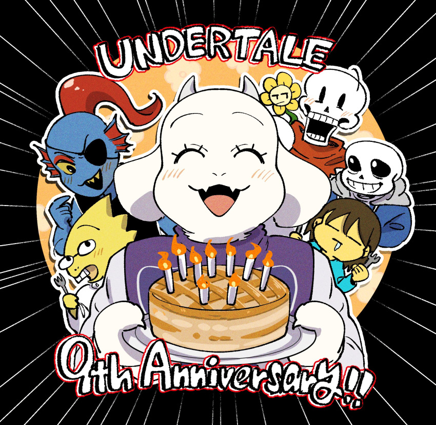 Safebooru - alphys anniversary cake candle closed eyes fins flowey ...