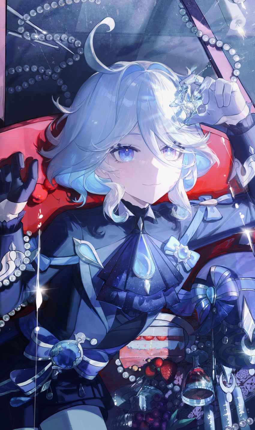 Safebooru - 1girl absurdres ahoge apple ascot beads black gloves blue ascot blue brooch blue ...