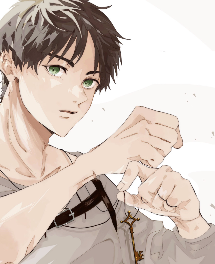 Safebooru - 1boy brown hair clenched hand collarbone eren yeager green ...