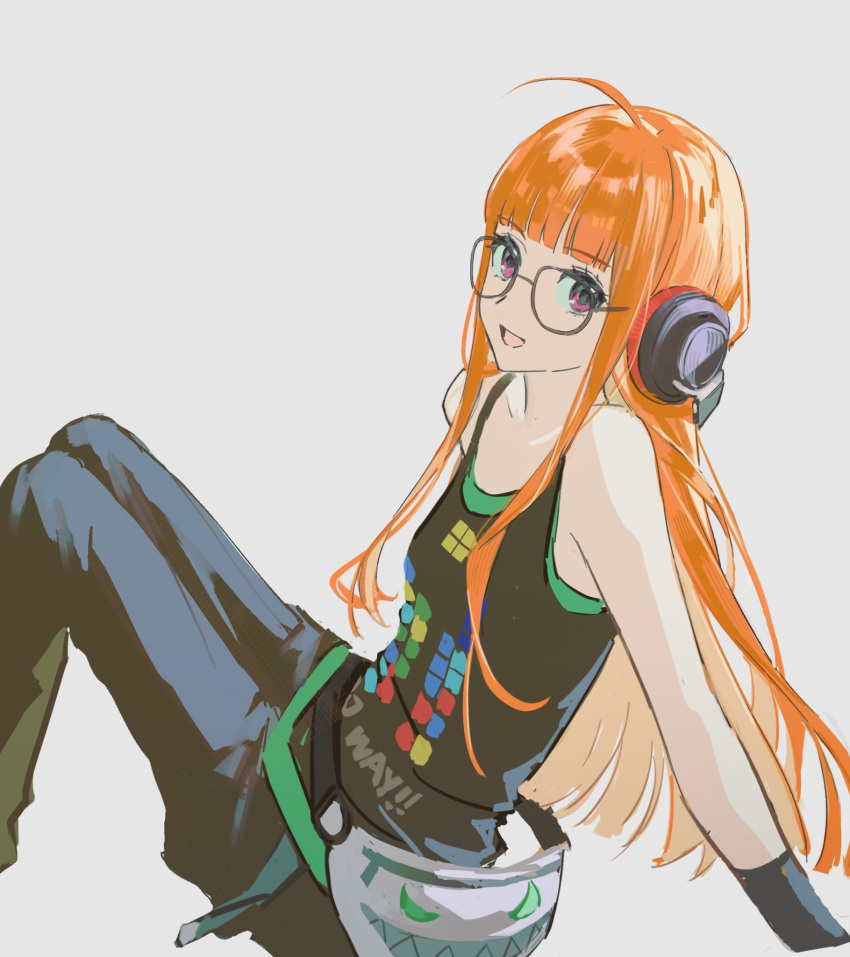 Safebooru - 1girl ahoge bare shoulders black-framed eyewear black pants black shirt blunt bangs ...