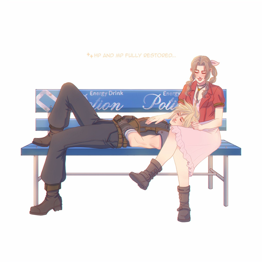 Safebooru - 1boy 1girl aerith gainsborough almond aulait armor bandaged arm bandages belt bench ...