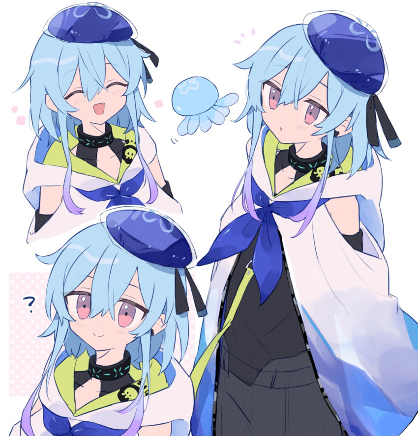 Safebooru - 1boy ? ^ ^ androgynous arknights bangs beret blue hair blush closed eyes closed ...