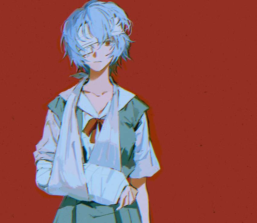 Safebooru - 1girl ayanami rei bandaged arm bandages blue hair highres kgeroua neck ribbon neon ...