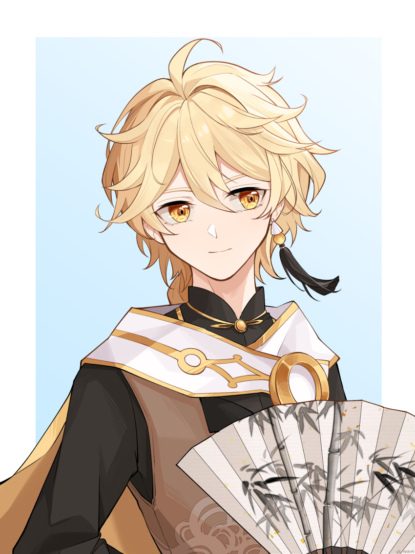Safebooru - 1boy aether (genshin impact) ahoge alternate costume bangs black shirt blonde hair ...