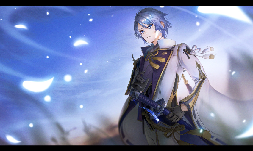 Safebooru - 1boy anna (drw01) bangs black gloves blue eyes blue hair blurry blurry background ...