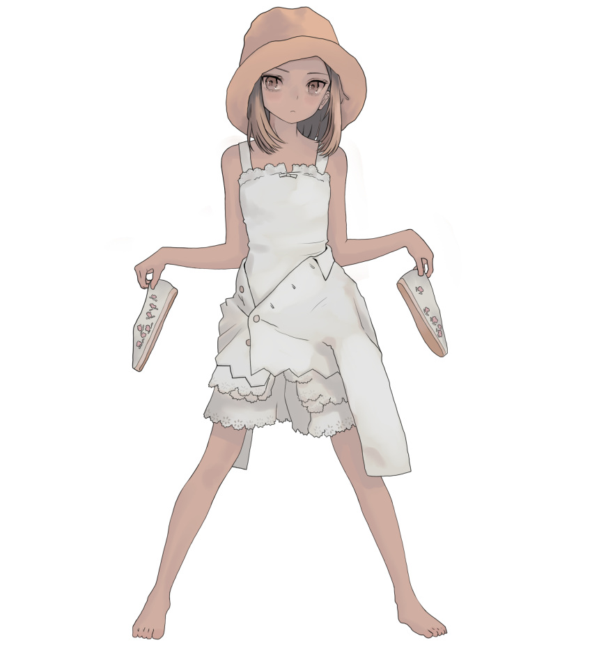 Safebooru - 1girl bare shoulders barefoot brown eyes dress flat chest frown hat highres holding ...