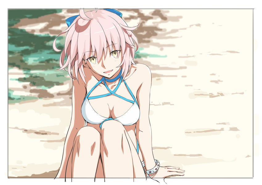 Safebooru - 1girl absurdres ahoge arm support bangs bare shoulders bikini border bow breasts ...