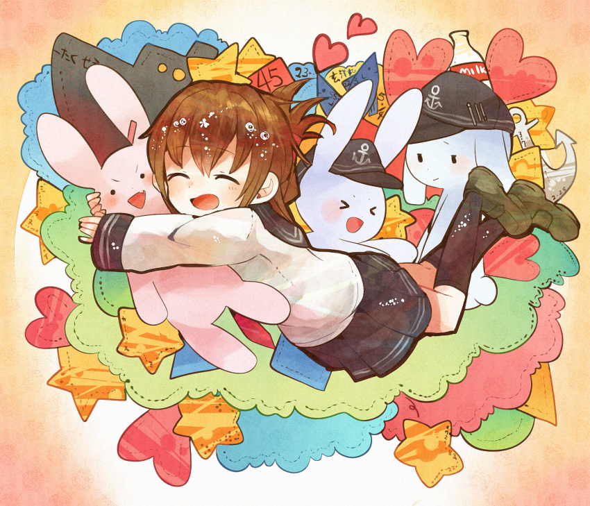 Safebooru - 1girl akatsuki (kancolle) anchor blouse bottle brown eyes brown hair clouds cushion ...