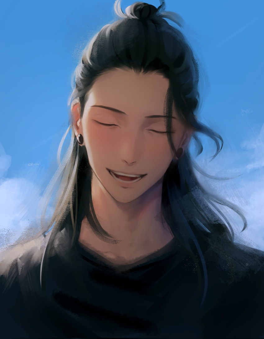 Safebooru - 1boy black shirt closed eyes clouds commentary dio saurr earrings floating hair ...