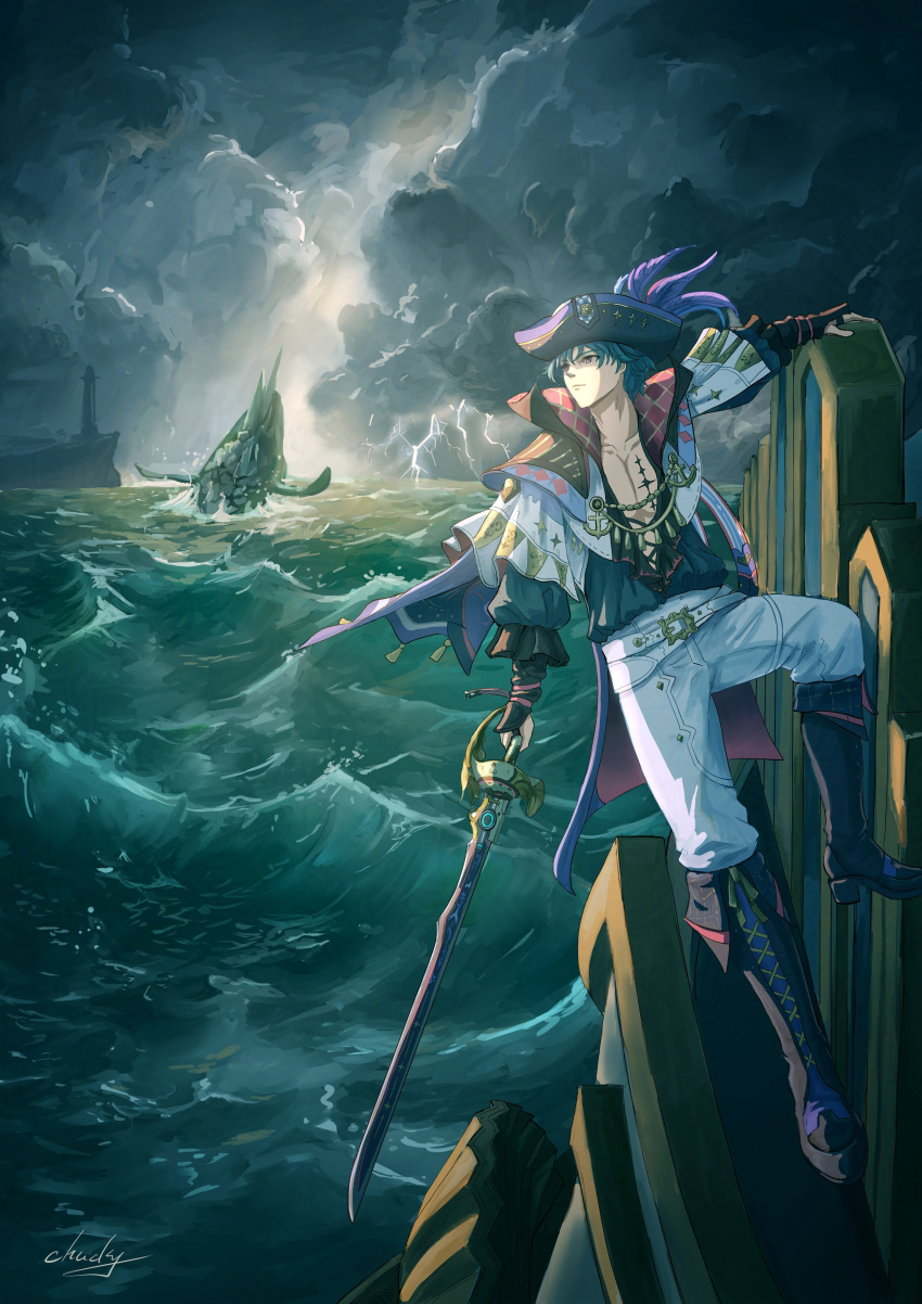 Safebooru - 1boy absurdres black boots blue hair blue shirt boots brant (wuthering waves) chucky ...