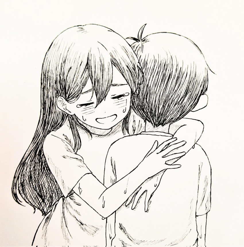Safebooru - 1boy 1girl antenna hair blush brother and sister crying greyscale highres hug long ...