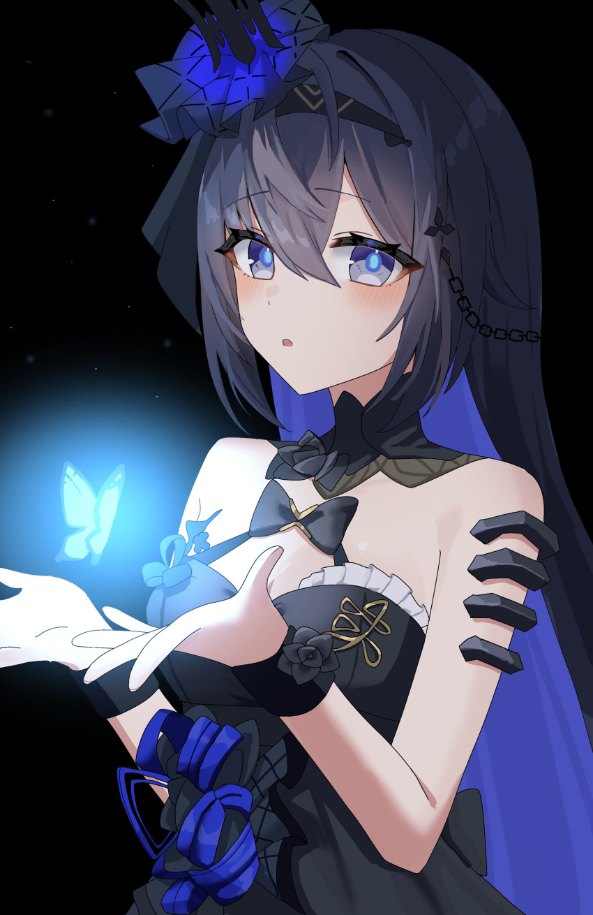 Safebooru - 1girl :o absurdres bare shoulders black background black dress black flower black ...