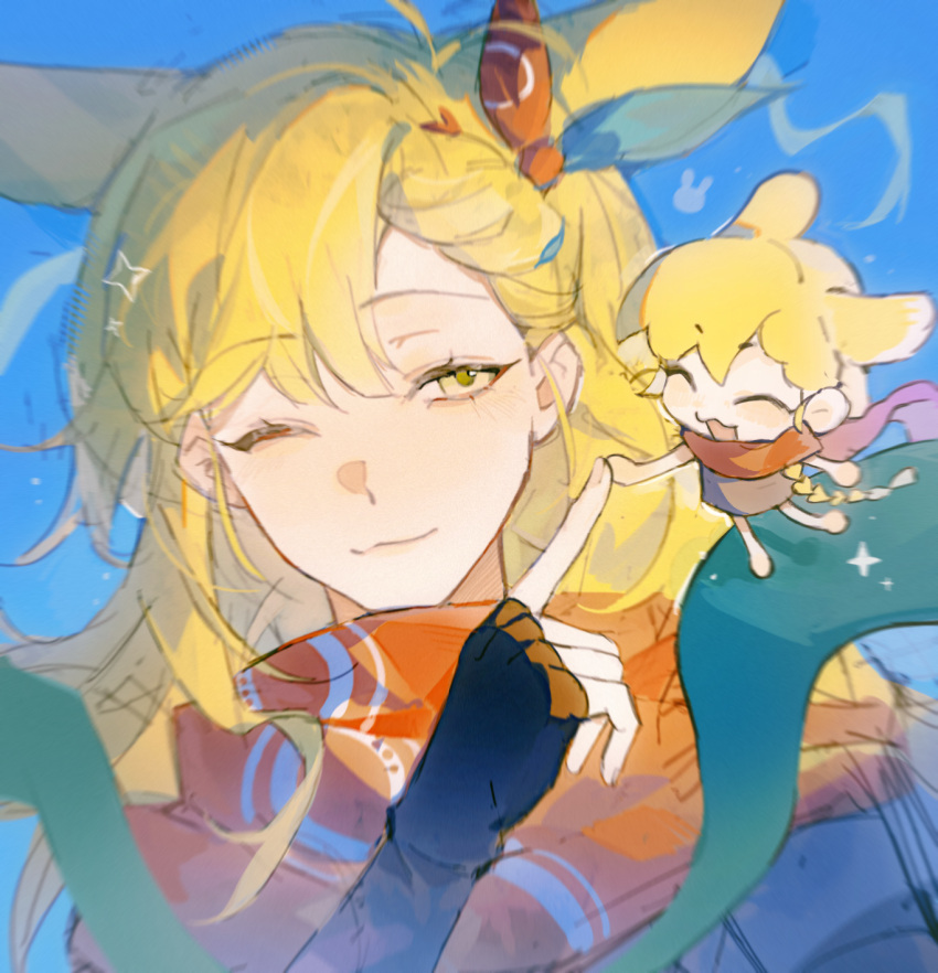 Safebooru - 1girl :d ;3 ^ ^ animal ears arknights birdy44982 blonde hair blue background chibi ...