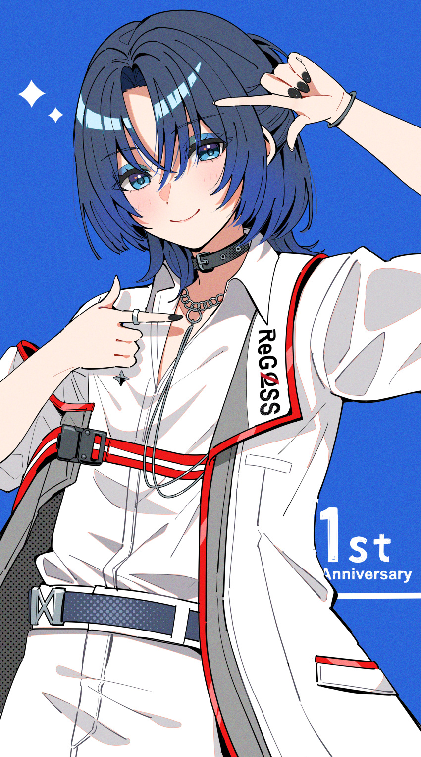 Safebooru - 1girl absurdres black choker black nails blue background blue eyes blue eyeshadow ...