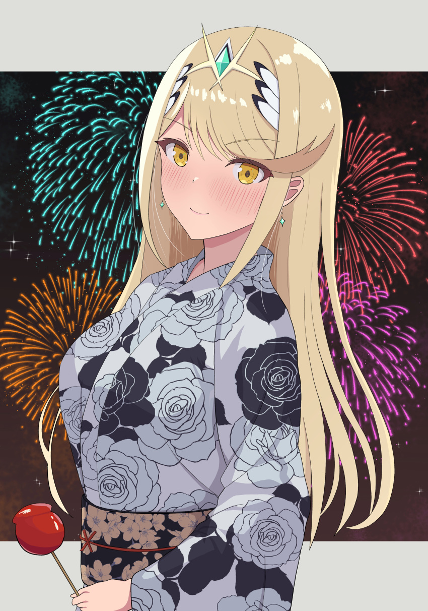 Safebooru - 1girl absurdres aerial fireworks blonde hair blush border ...