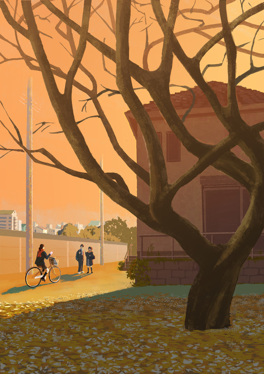 Safebooru - 1boy 2girls autumn autumn leaves bag bare tree bicycle bicycle basket building city ...