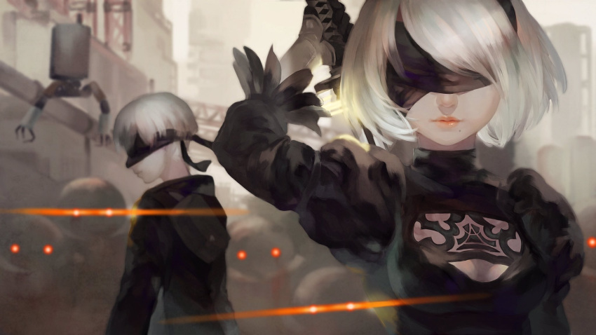 Safebooru - 1boy 1girl 2b (nier:automata) 9s (nier:automata) black blindfold black dress black ...