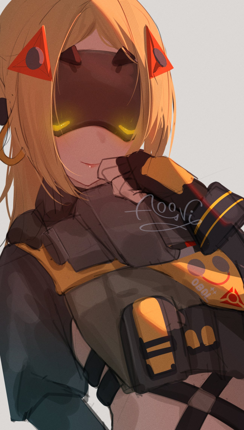 Safebooru - 1girl aooni 09 black gloves blindfold closed mouth fingerless gloves gloves grey ...