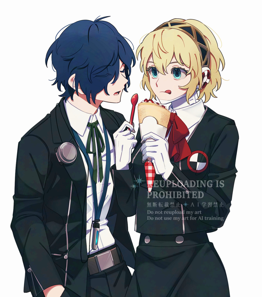 Safebooru - 1boy 1girl aigis (persona) android aqua eyes belt blonde hair blue eyes blue hair ...
