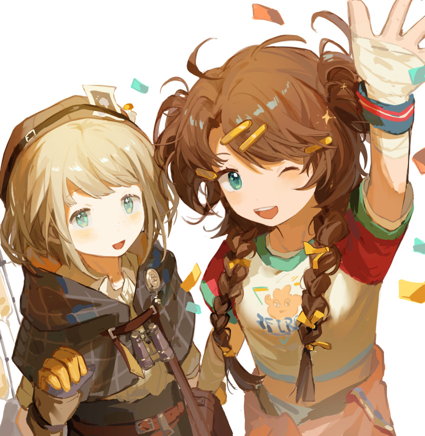 Safebooru - 1boy 1girl ;d absurdres arm up bandaged hand bandages blonde hair blue cloak blue ...