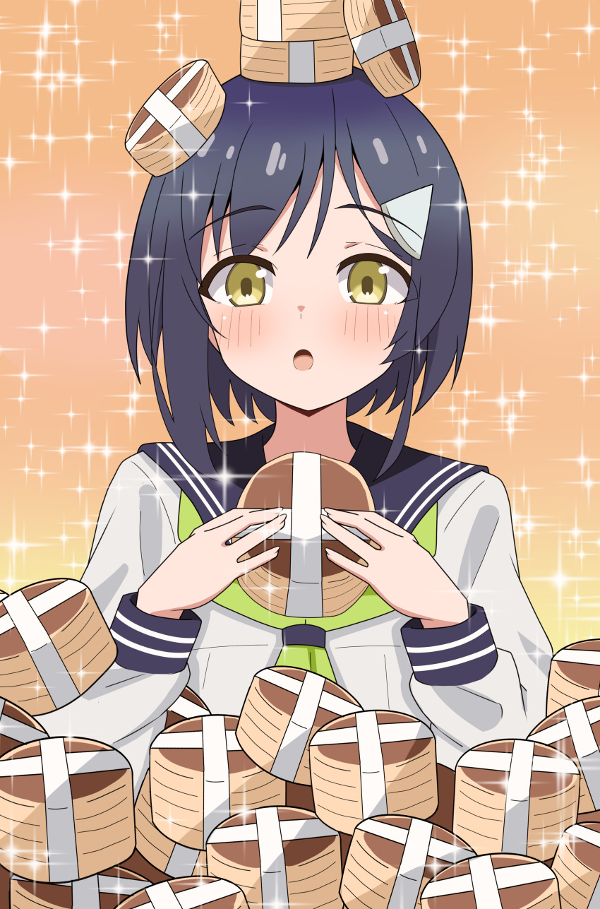 Safebooru - 1girl :o absurdres blue sailor collar blush deer cracker food food on head green ...
