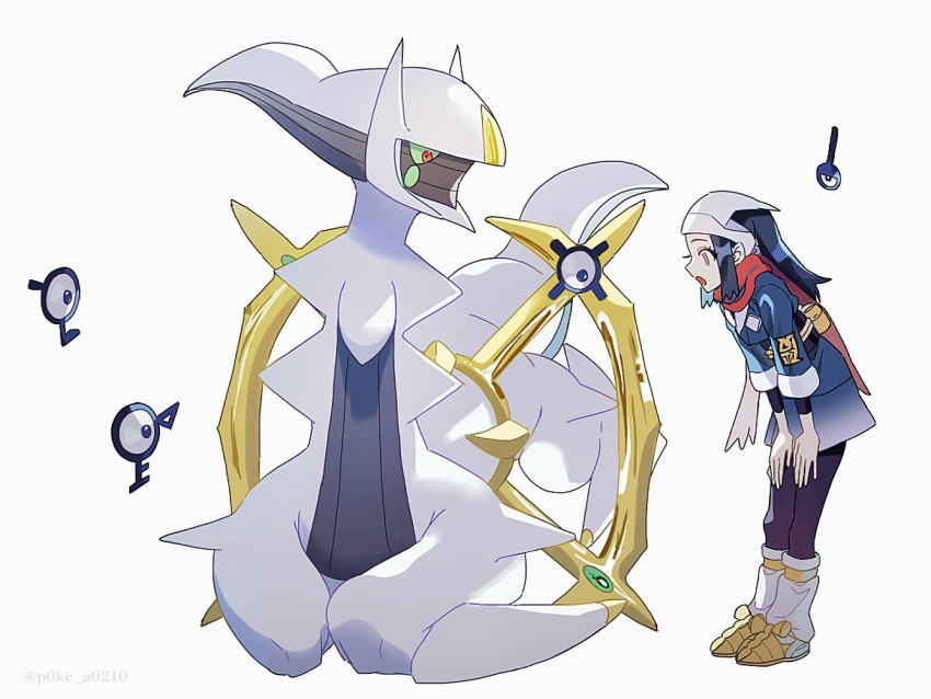 Safebooru - 1girl akari (pokemon) arceus black hair boots colored sclera floating galaxy ...