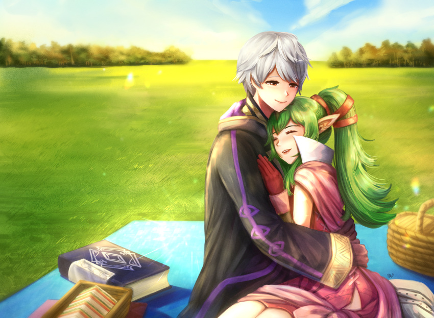 Safebooru - 1boy 1girl black robe blue sky book brown eyes brown gloves cape closed eyes closed ...