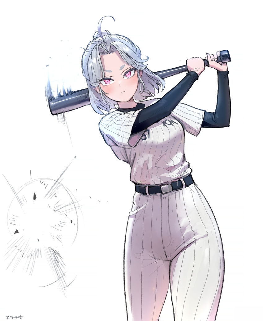 Safebooru - 1girl ahoge baseball bat baseball uniform belt closed mouth forehead grey hair ...