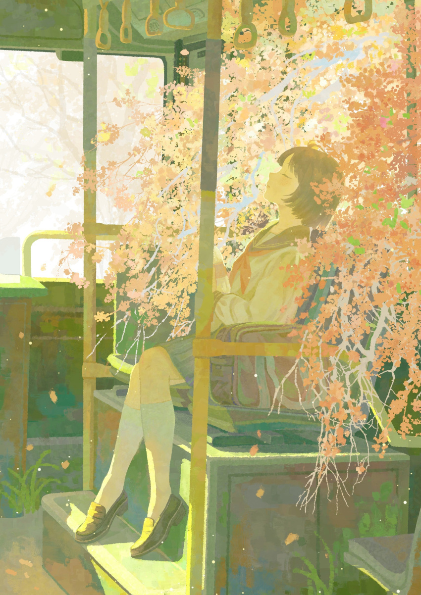 Safebooru - 1girl absurdres bus interior closed eyes day flower full body highres kneehighs ...