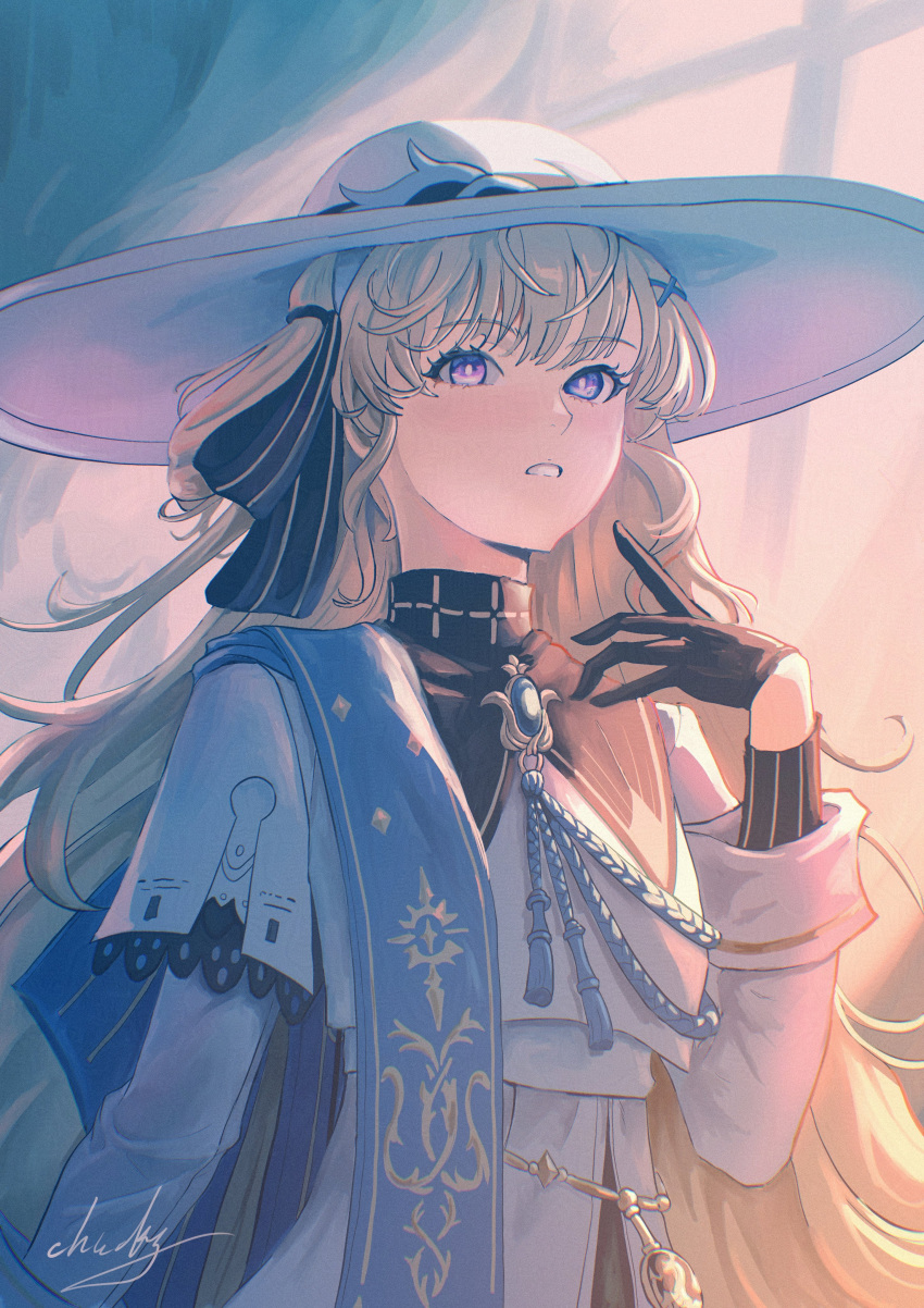 Safebooru - 1girl absurdres black bow black collar black gloves blonde hair blue gemstone blue ...