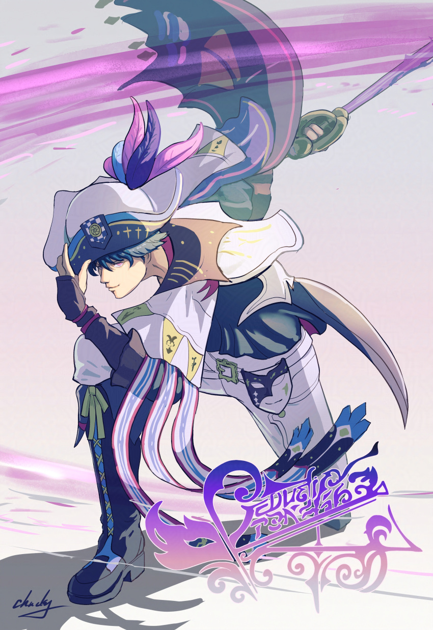 Safebooru - 1boy absurdres black boots blue hair blue shirt boots brant (wuthering waves) chucky ...