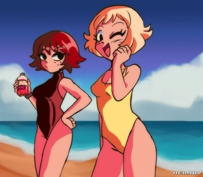 Safebooru - 2girls beach black eyes blonde hair commentary english commentary freckles highres ...