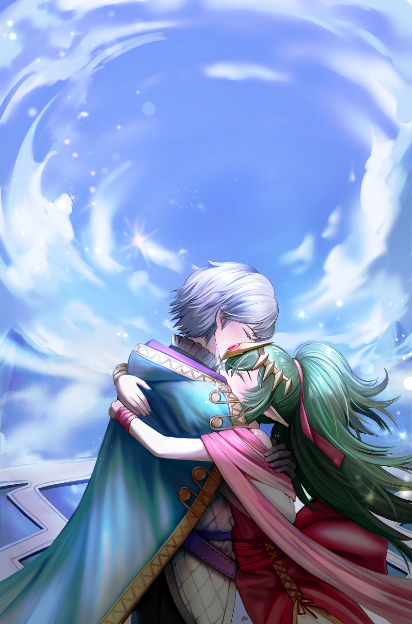 Safebooru - 1boy 1girl absurdres blue sky cape closed eyes commentary ...
