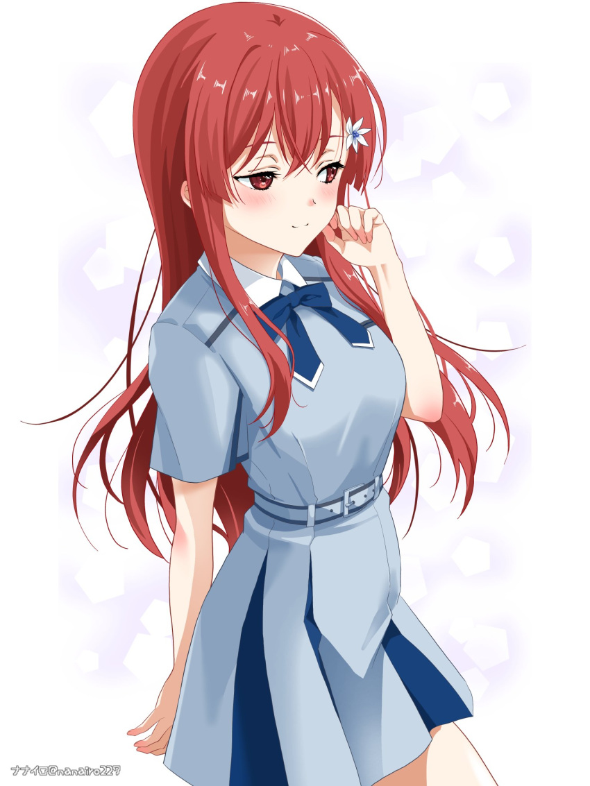 Safebooru - 1girl 22/7 arm behind back artist name belt belt buckle blue belt blue bow blue ...