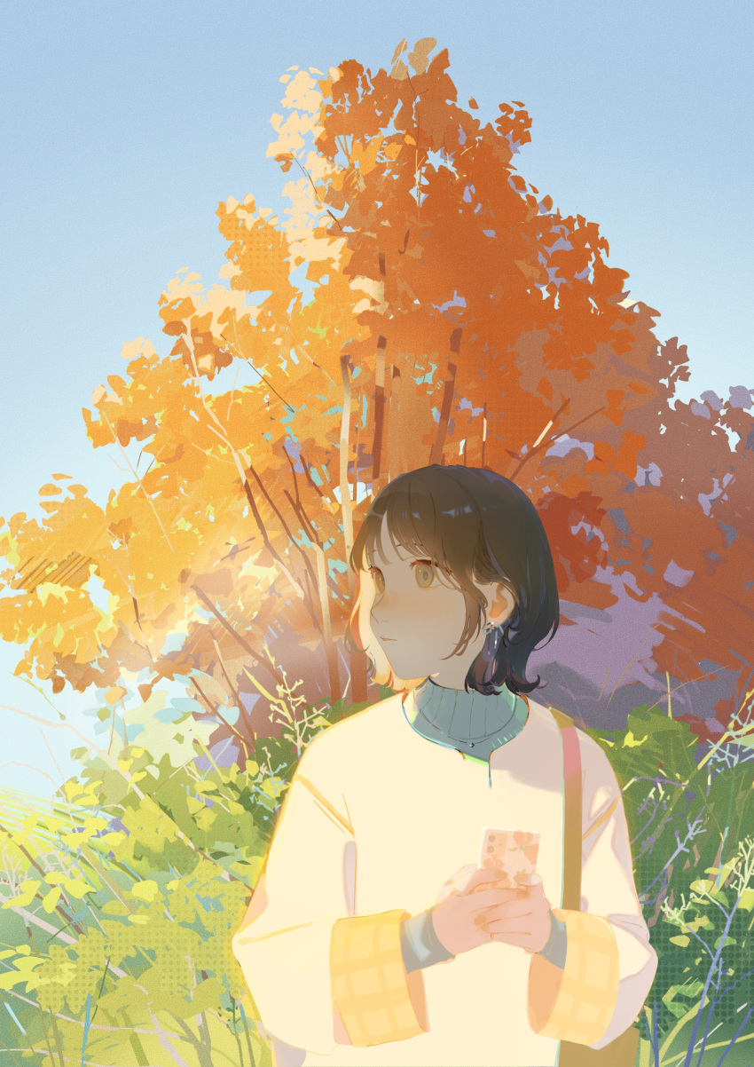 Safebooru - 1girl absurdres autumn black hair blue sky brown eyes highres jacket looking to the ...