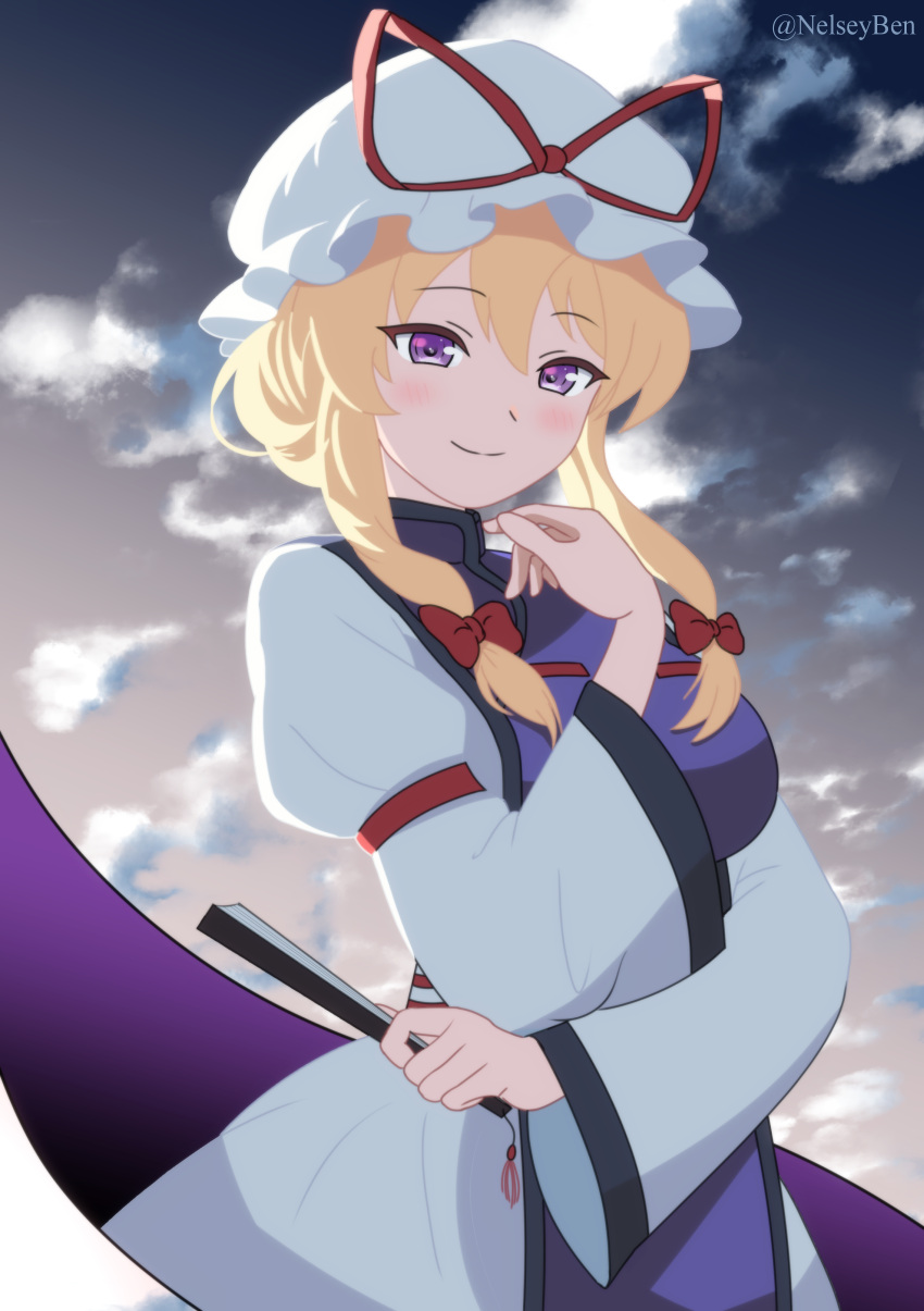 Safebooru - 1girl absurdres blonde hair blush bnelsey closed mouth clouds cloudy sky dress ...