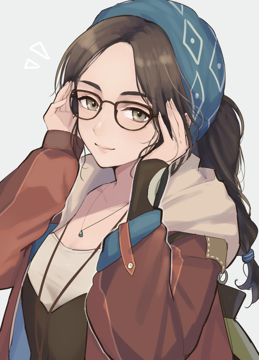 Safebooru - 1girl adjusting eyewear alma (monster hunter wilds) brown hair brown jacket closed ...