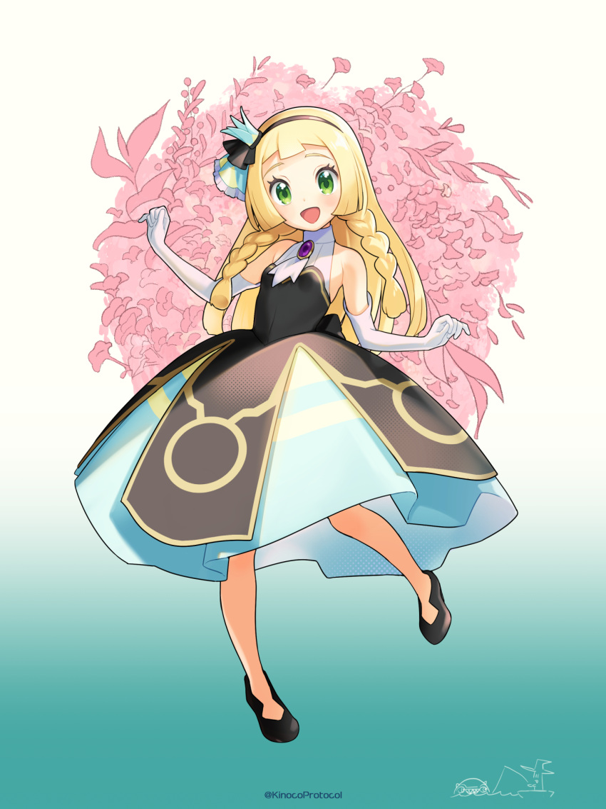 Safebooru - 1girl black dress blonde hair blush braid dress elbow gloves gloves green eyes ...