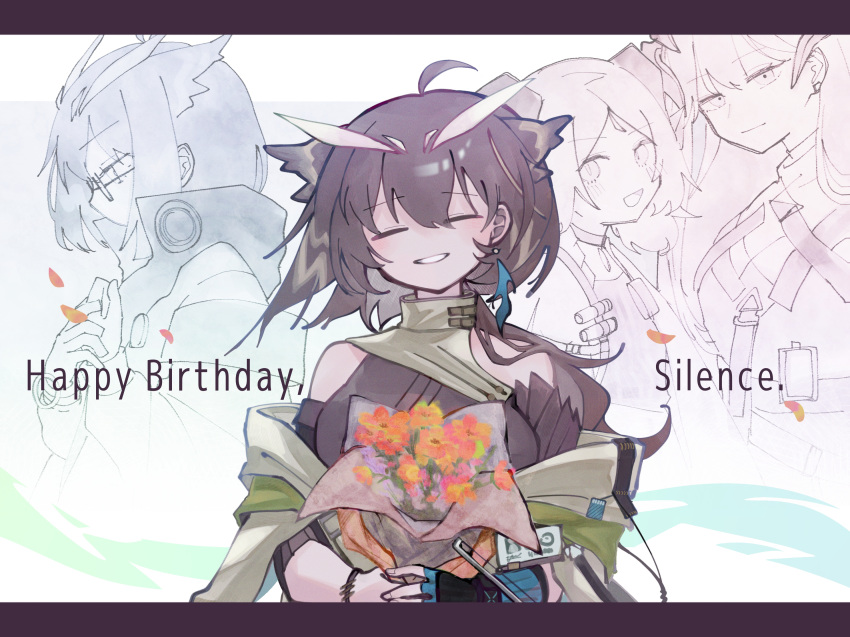 Safebooru - 1girl arknights bouquet breasts brown dress brown hair clenched hand closed eyes ...