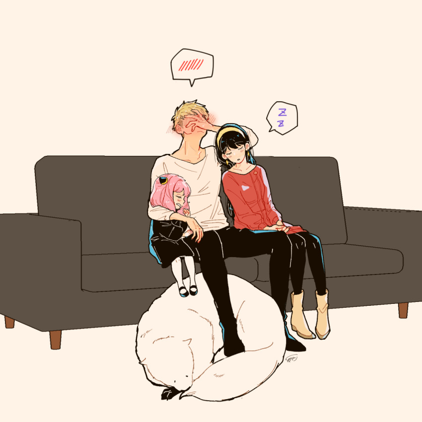 Safebooru - 1boy 2girls animal anya (spy x family) awarinko black dress black hair black pants ...